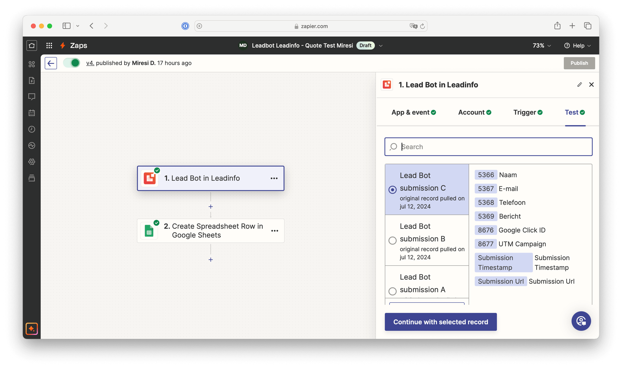 Zapier integratie - Leadbot koppelen aan Google Spreadsheets